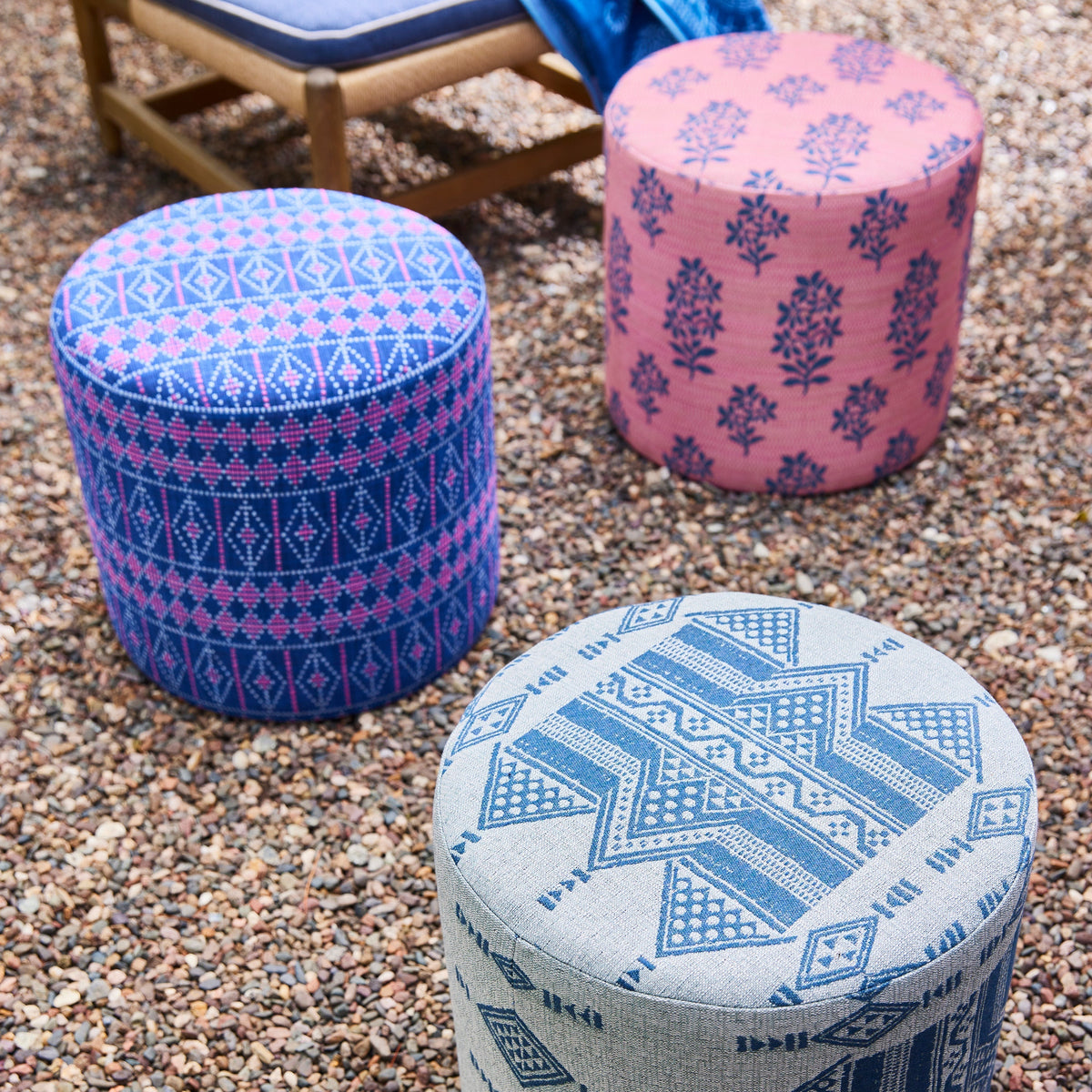 Indoor/Outdoor Pouf in Peter Dunham Textiles Asilah Black on Natural ...