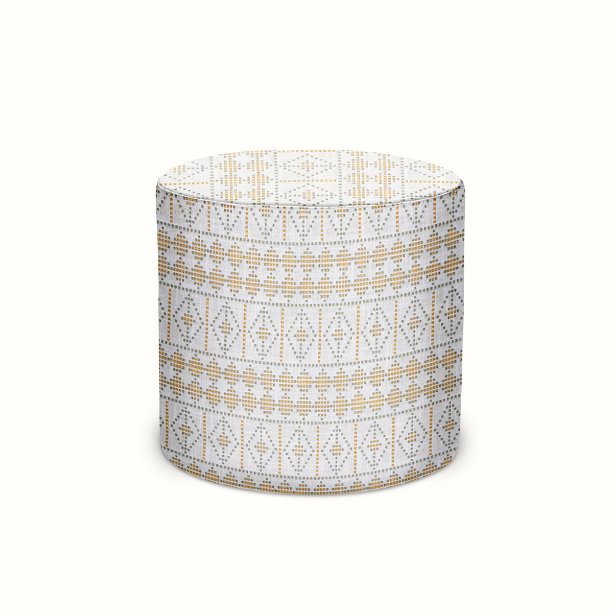 Indoor/Outdoor Pouf in Peter Dunham Textiles Souk Gold/Sage on White ...